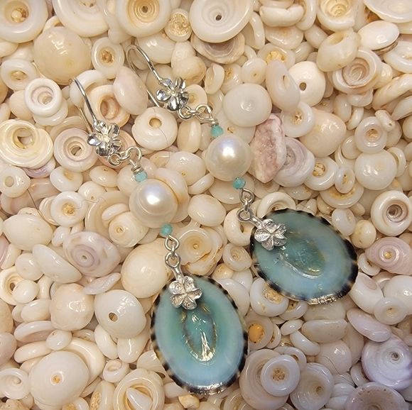 MYNAH & PAPAYA | Jewelry | Ss 925 Plumeria W Mexican Aqua Limpet Shell ...